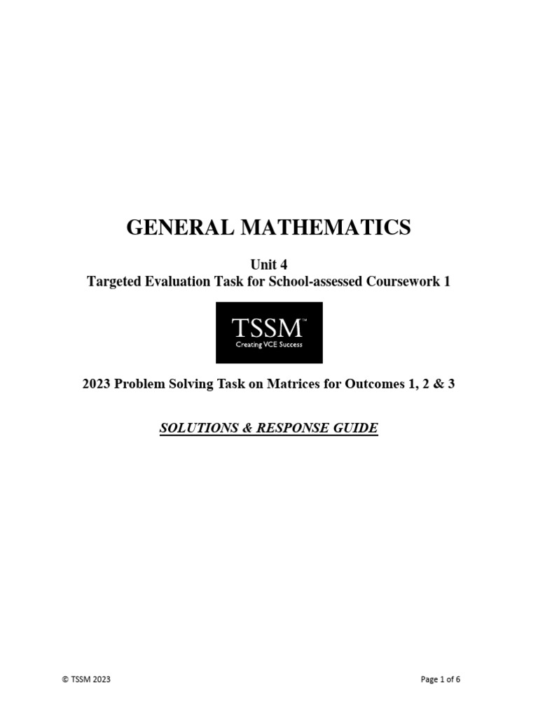 General Maths 2023 Unit 4 Outcome 1,2,3 TET 1 Problem Solving Task On Matrices Solutions ...