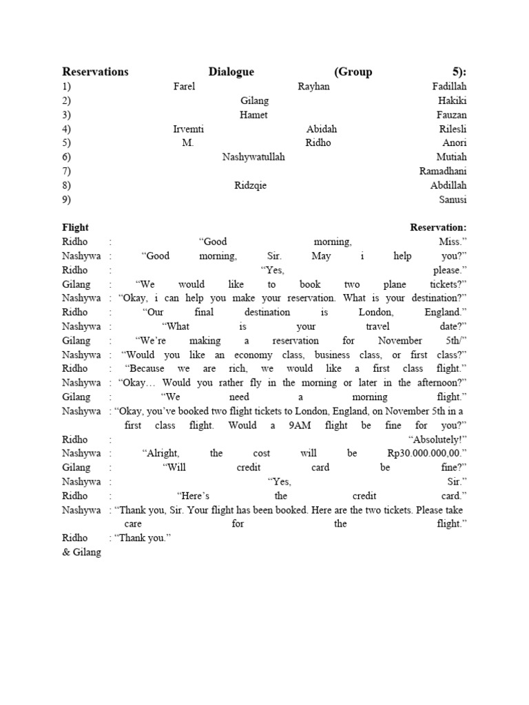Reservations Dialogue (Group 5) | PDF