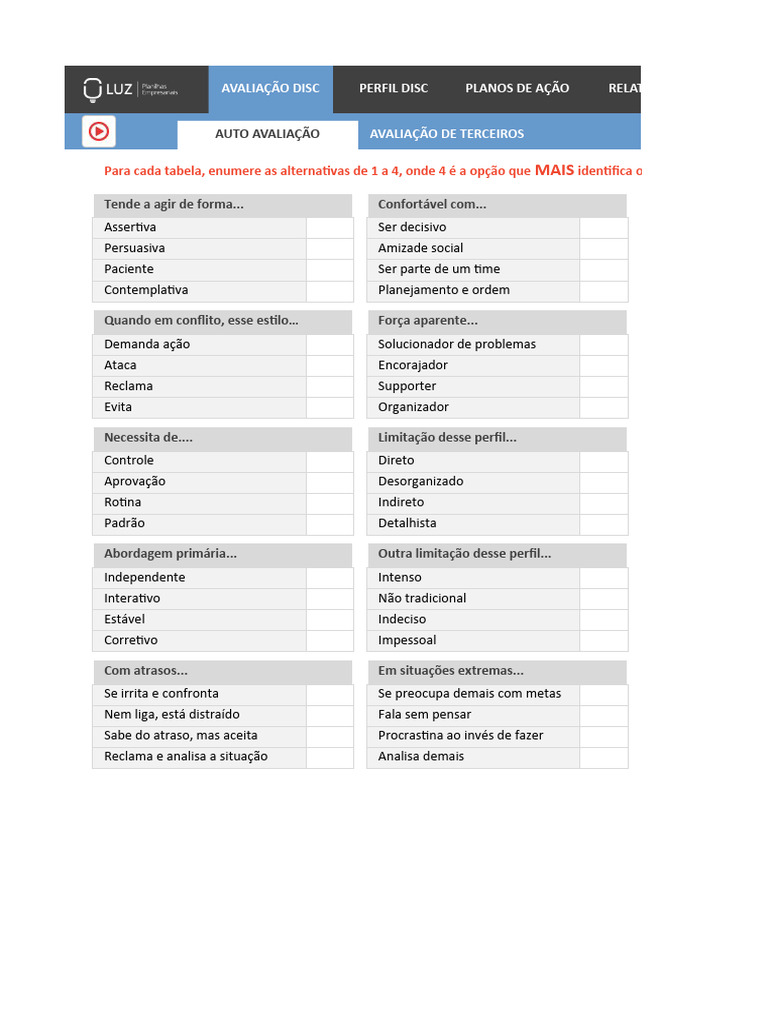 Planilha de Teste de Perfil DISC - em Branco | PDF | Comportamento ... Planilha de Teste de Perfil DISC - em Branco | PDF | Comportamento ...