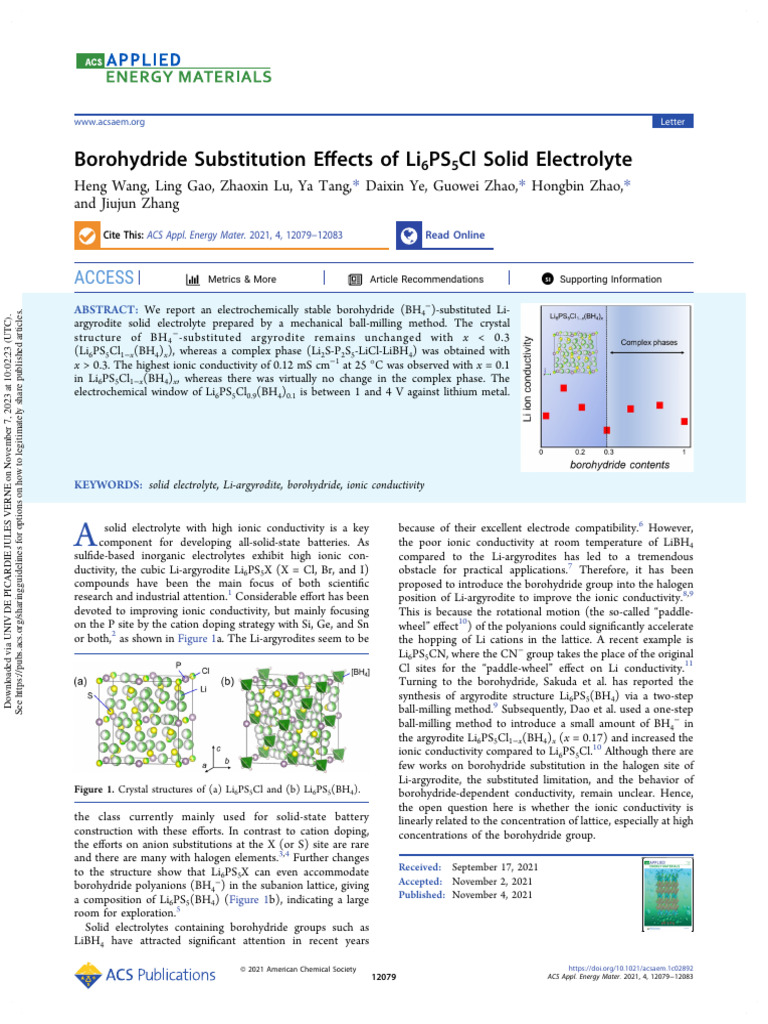 Wang Et Al 2021 Borohydride Substitution Effects of Li6ps5cl Solid ...
