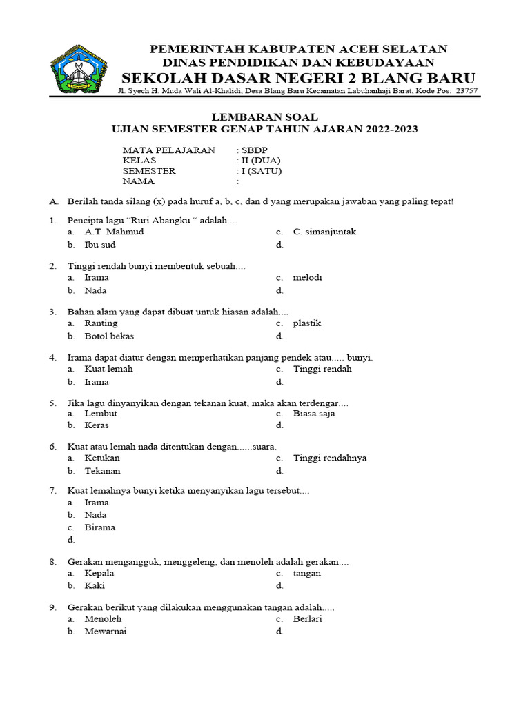 Soal SBDP Kelas 2 Semester 1 | PDF