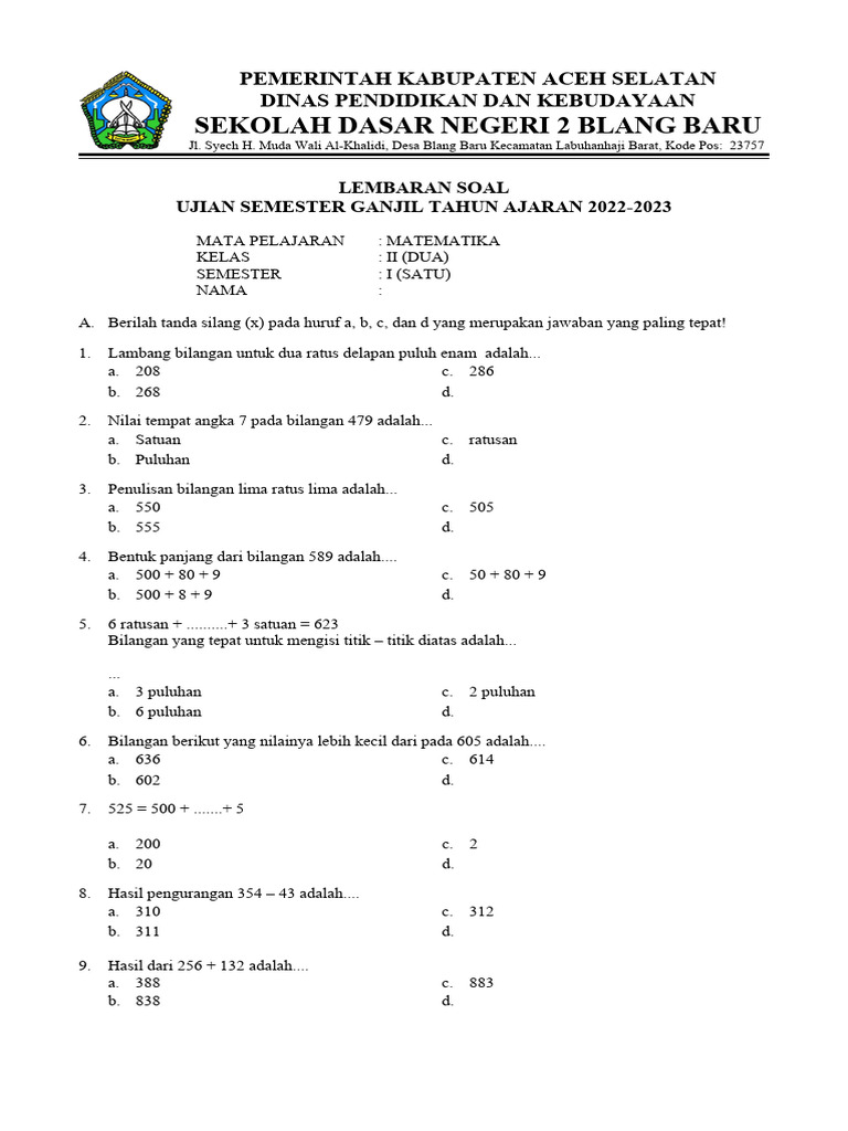 Lembaran Soal - 2022 Matematik KLS 2 | PDF