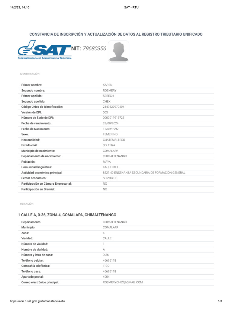 Constancia RTU de Karen Serech | PDF | Impuesto al valor agregado ...