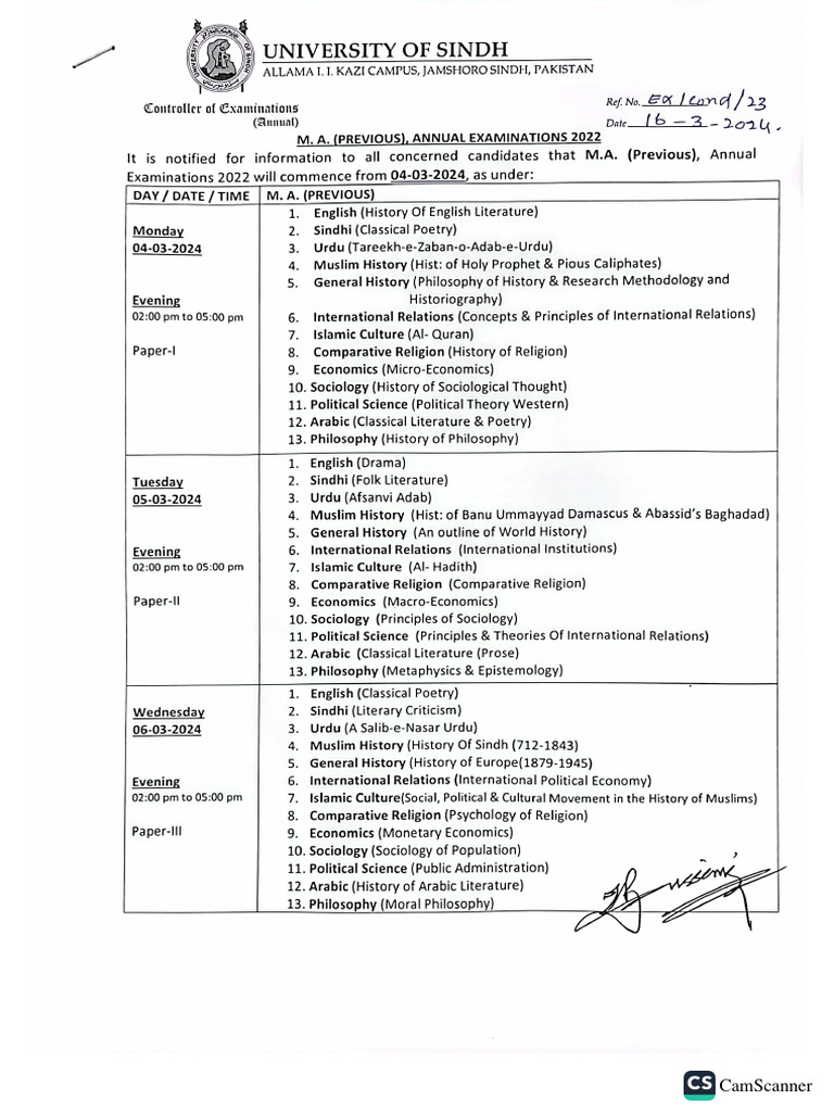 Time Table of M.A (Previous) Annual Examination of 2022-1 | PDF