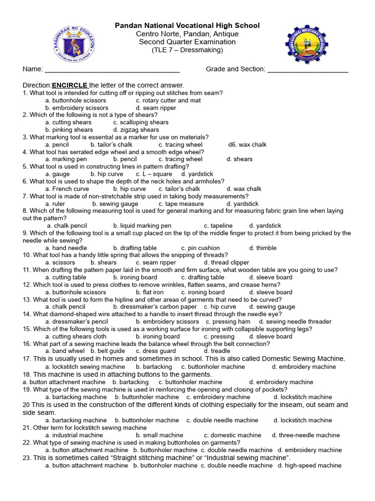 Dressmaking 7 Exam | PDF | Sewing | Sewing Machine