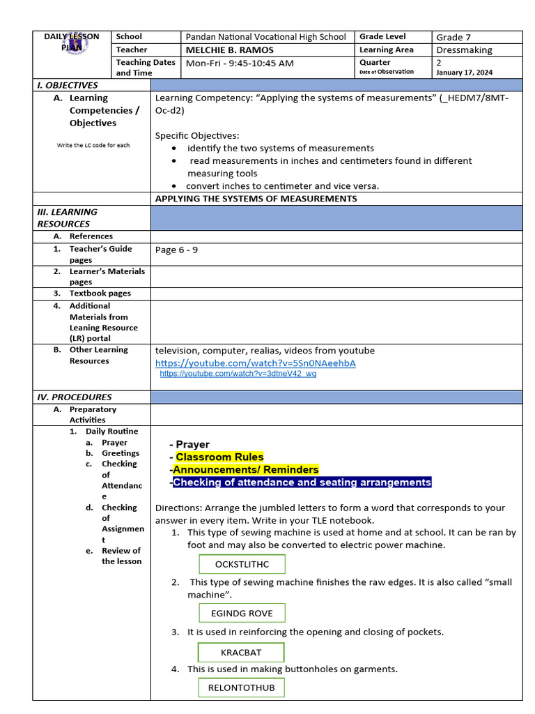 Co2 - Daily-Lesson-Plan-Tle 7 | PDF | Inch | Measurement