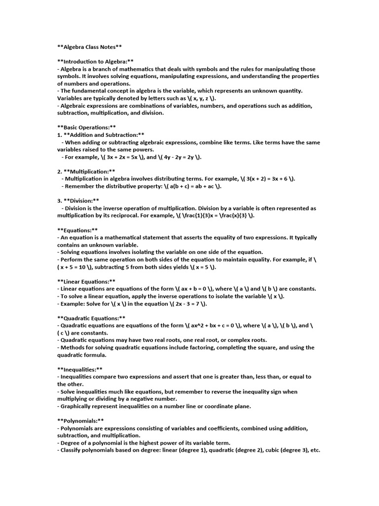 Algebra Notes | PDF