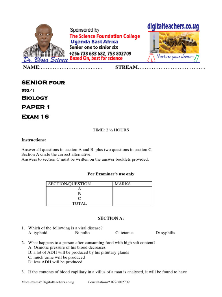 s4 Biology Paper 1 Set 16 | PDF | Dominance (Genetics) | Kidney