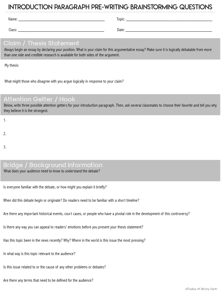 Introduction Paragraph Pre-Writing Brainstorming Questions | PDF ...