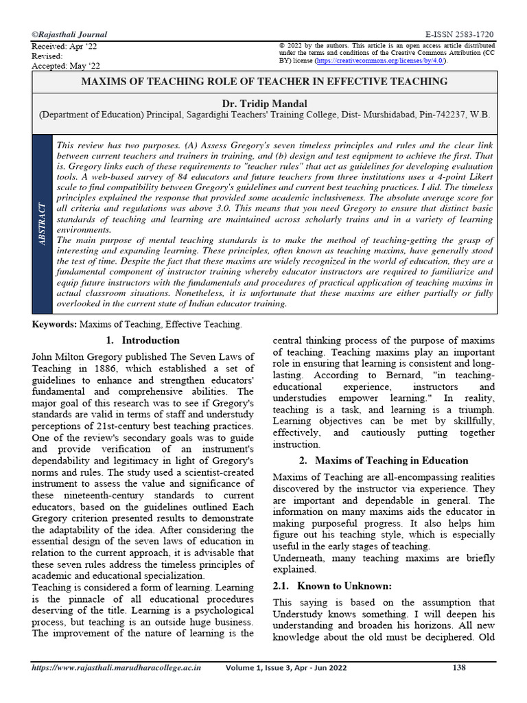 Maxims Of Teaching Pdf Teachers Learning