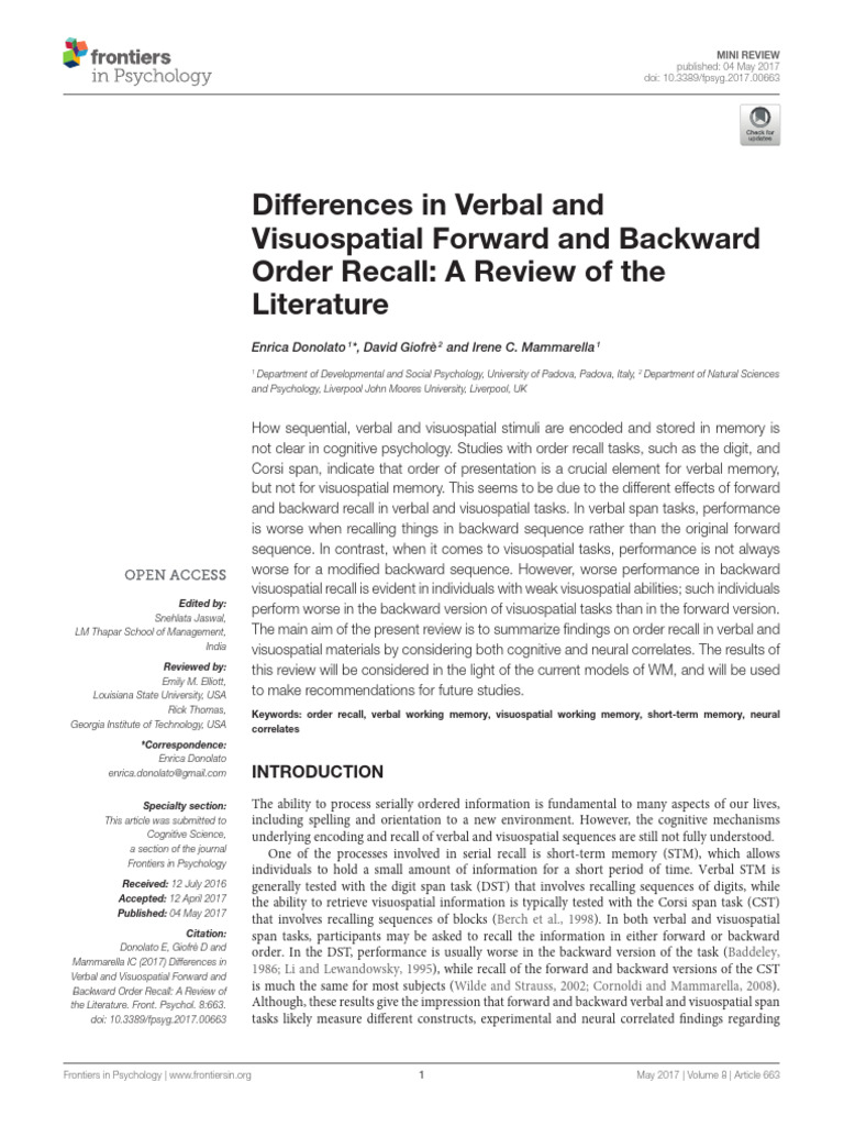 Differences in Verbal and Visuospatial Forward and Backward Order ...