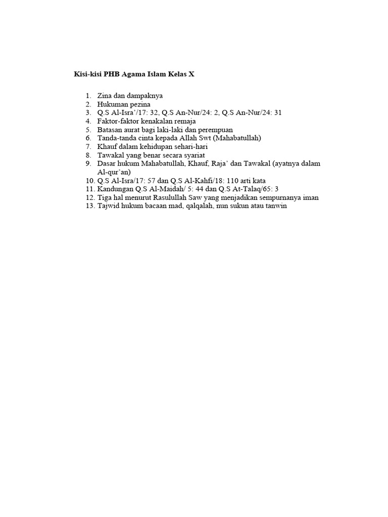 Kisi PHB PAI X | PDF