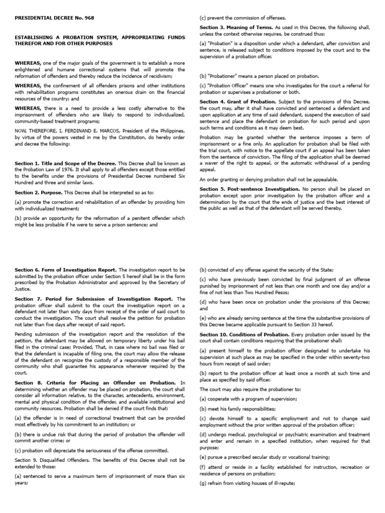 PD No. 968 | PDF | Probation | Bail