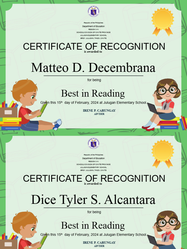 Kids Best Reader School Award Certificate | PDF | Government | Social ...
