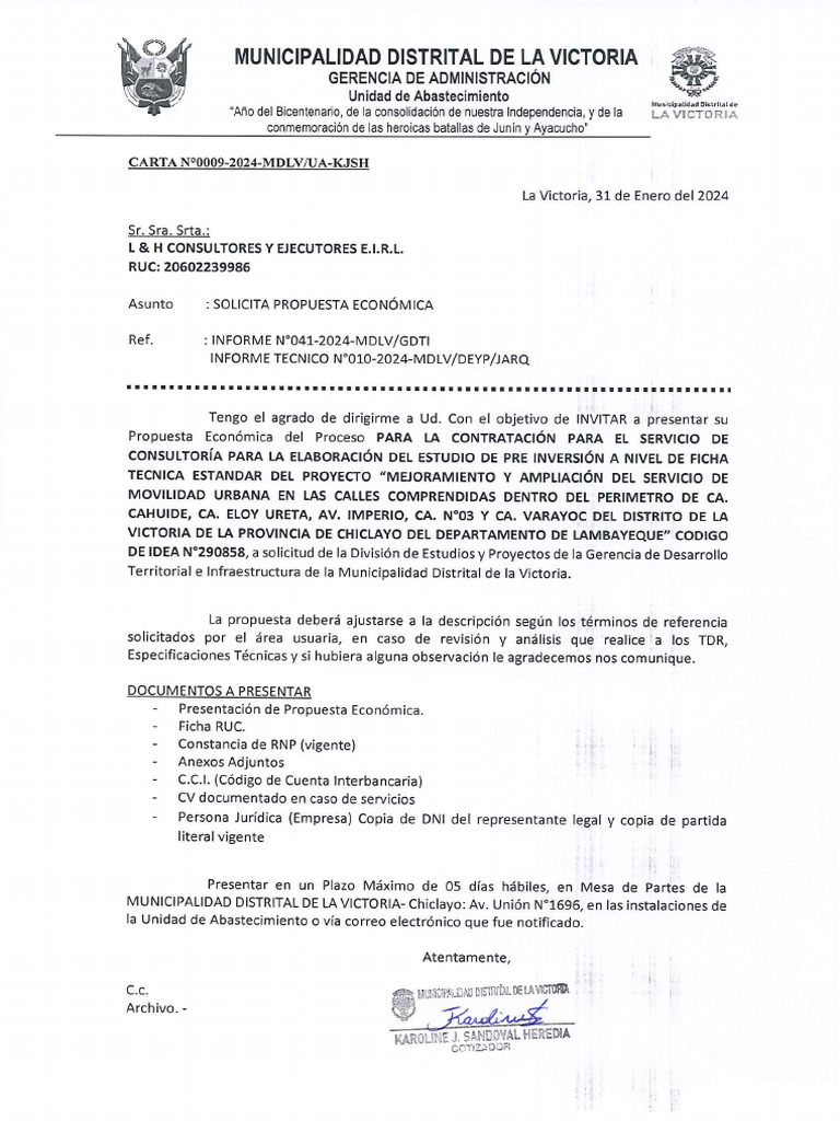 Carta N0009-2024-Mdlvua-Kjsh | PDF