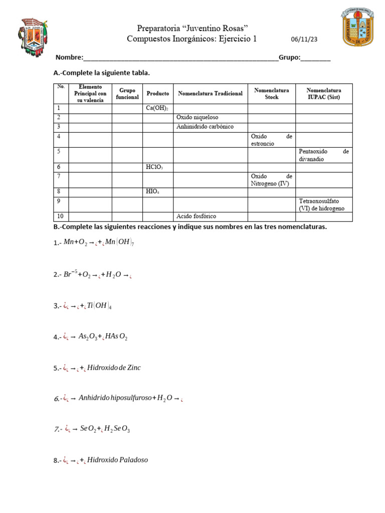 Compuestos Inorgánicos Ejercicio 1 | PDF