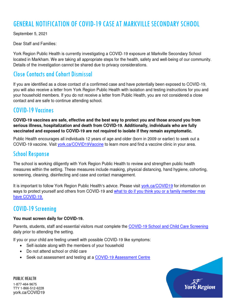 2021-09-05 - Markville SS - General Notification Letter | PDF | Public ...