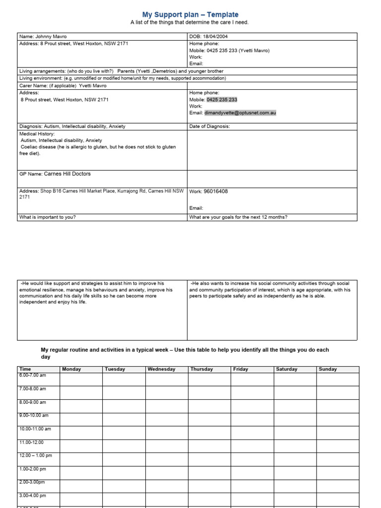 Johnny Mavro's Support Plan Template | PDF | Urinary Incontinence ...