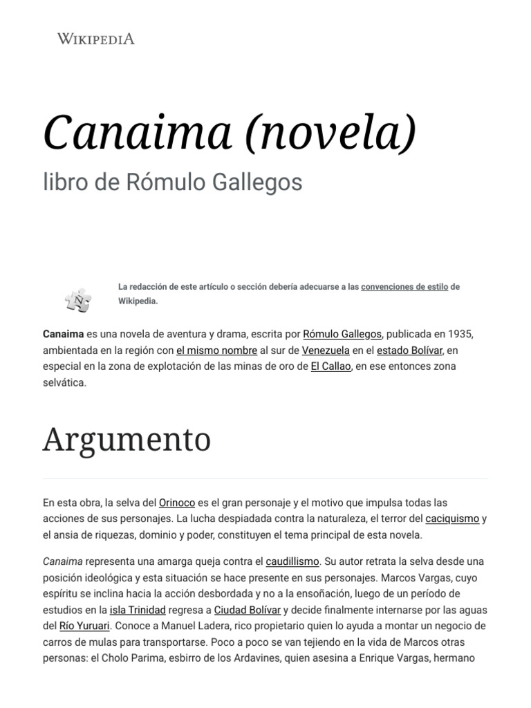 Canaima (Novela) - Wikipedia, La Enciclopedia Libre | PDF | Novelas en ...