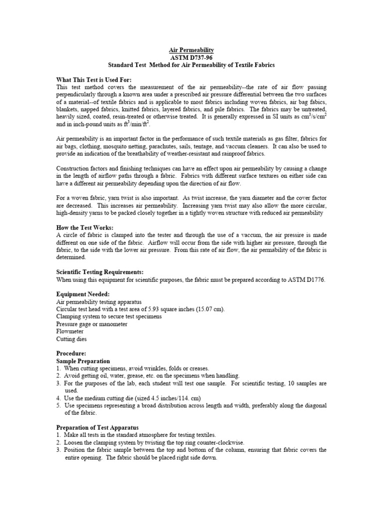 ASTM D737 Air Permeability Testing Guide | PDF | Textiles | Pressure ...