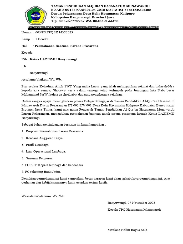 Permohonan Sarpras LAZISMU | PDF