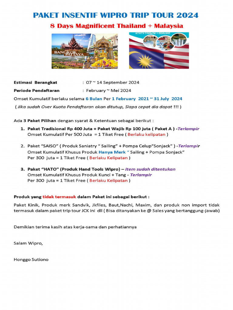 Paket Insentif Wipro Thailand Malaysia 8 Days Tour 2024 PDF | PDF