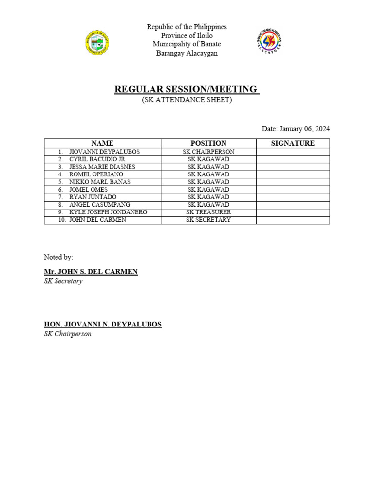 Attendance Sheet For Regular Session | PDF