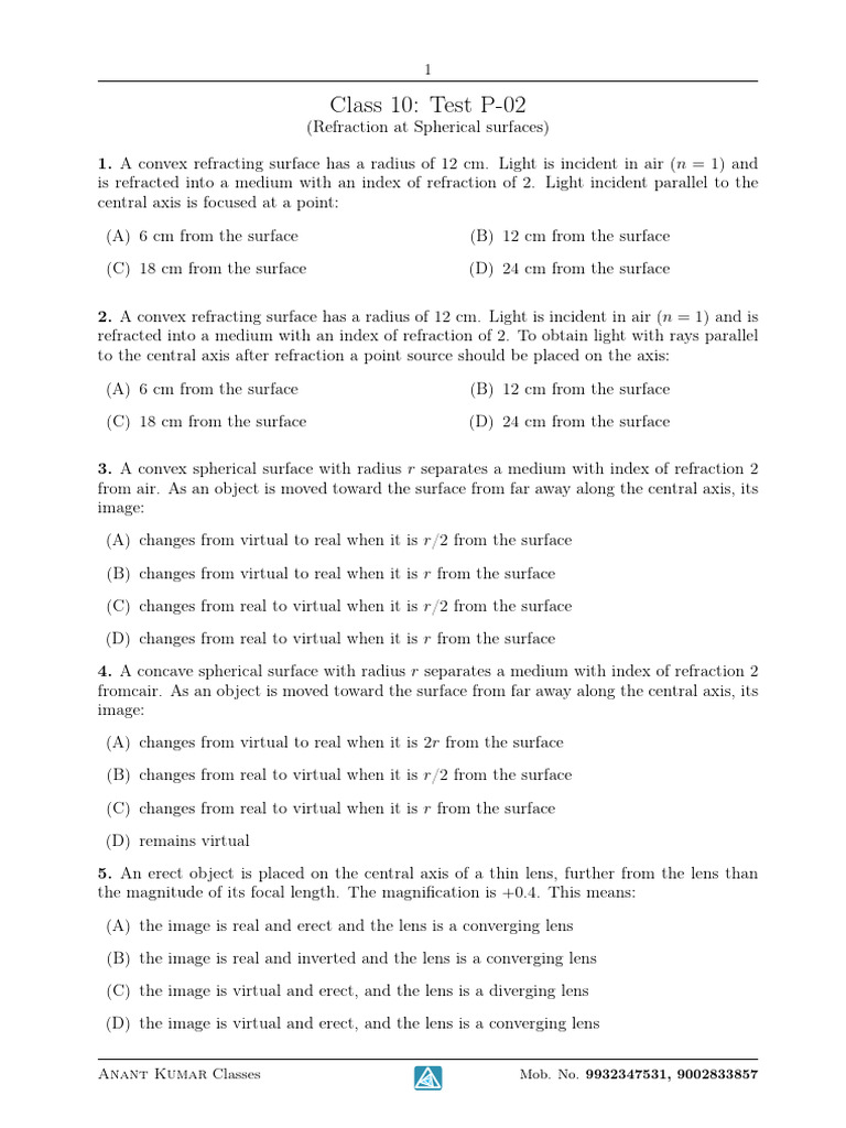 Test Optics 1 | PDF | Refraction | Electromagnetic Radiation Test Optics 1 | PDF | Refraction | Electromagnetic Radiation