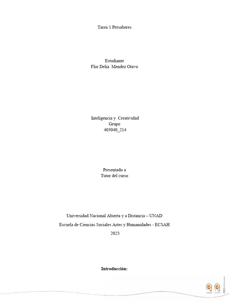 Flor Delia Mendez - Tarea 1 - Presaberes | PDF | Inteligencia | Sicología