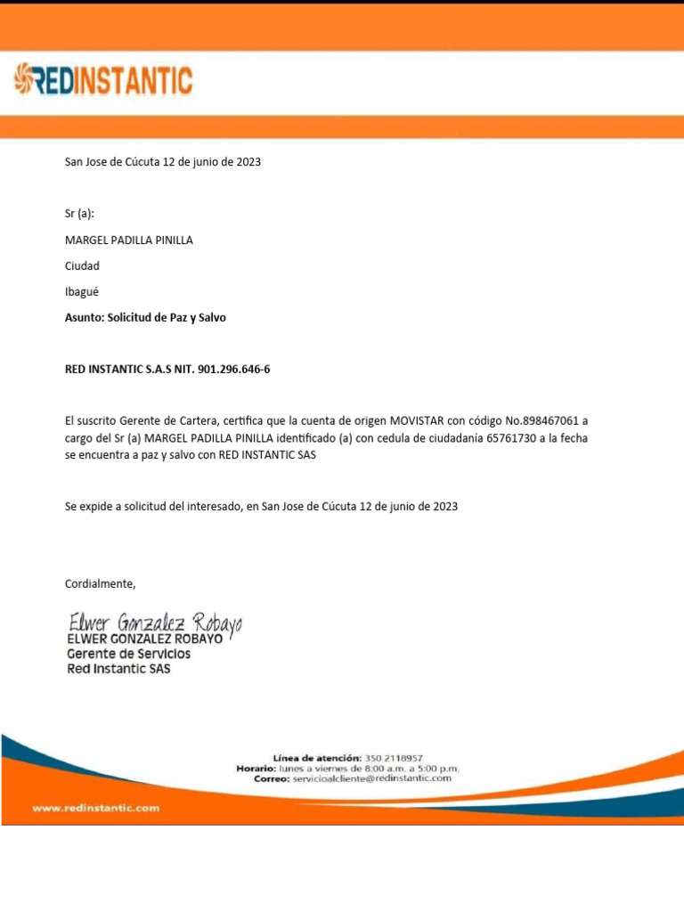 Certificación de Paz y Salvo Movistar | PDF