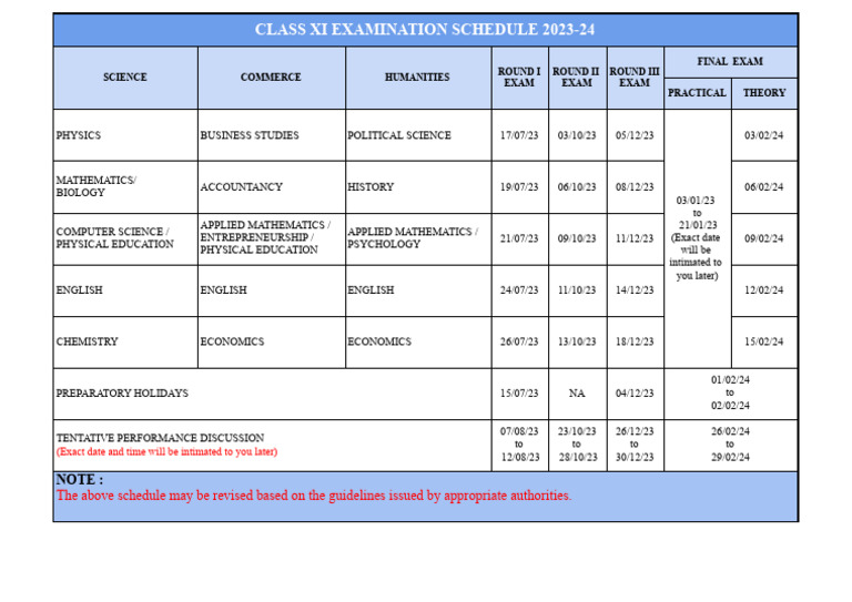 Class11 Exam Schedule | PDF | Applied Mathematics | Science