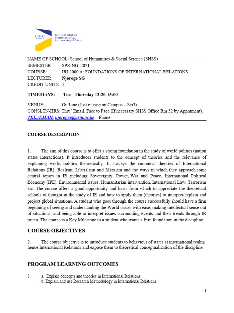 Irl 2000 A Spring 2021 Course Outline | PDF | International Relations ...