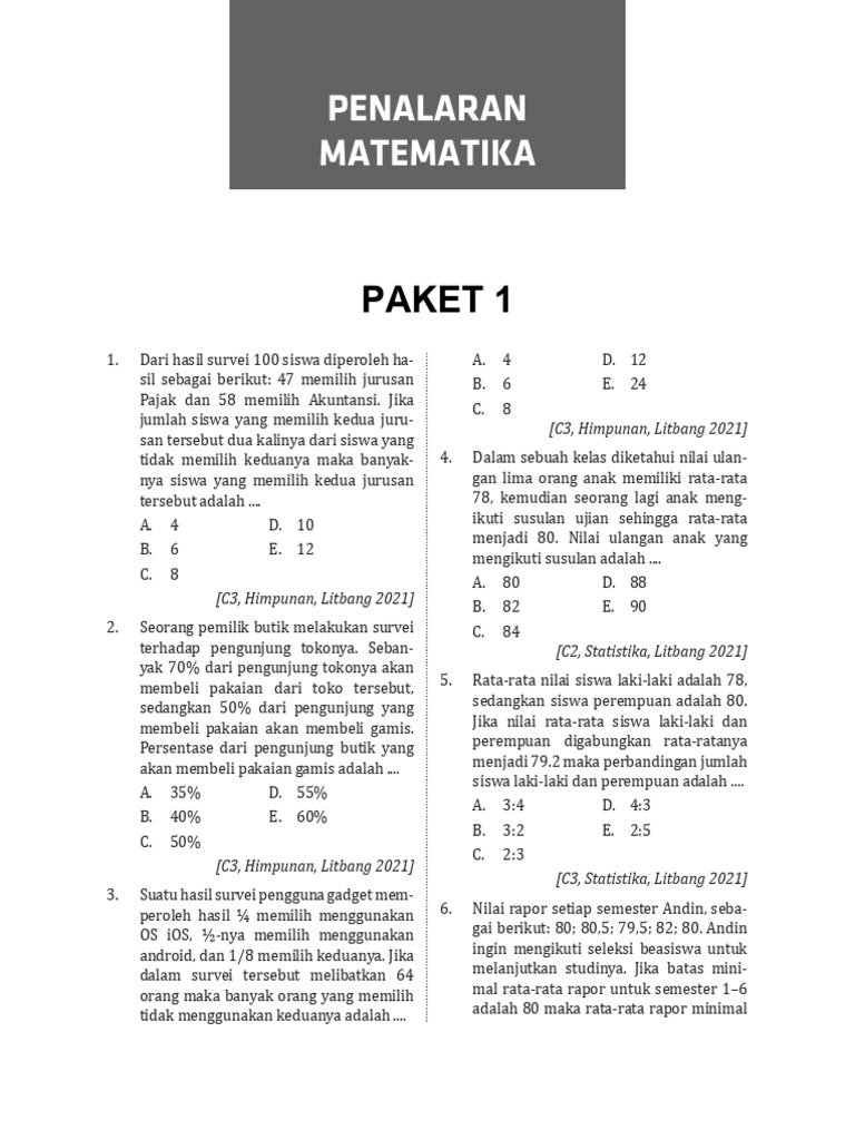 Problem Set 1 Soal Subtes Penalaran Matematika UTBK SNBT 2024 | PDF