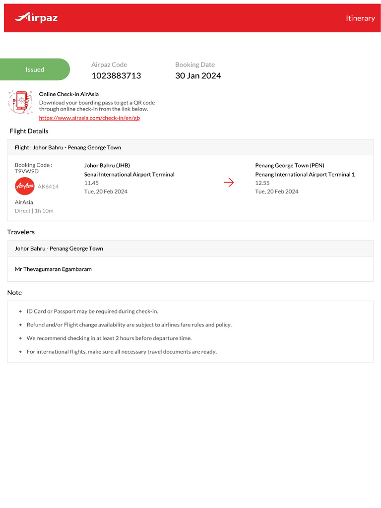 Airpaz Flight Itinerary 1023883713 | PDF