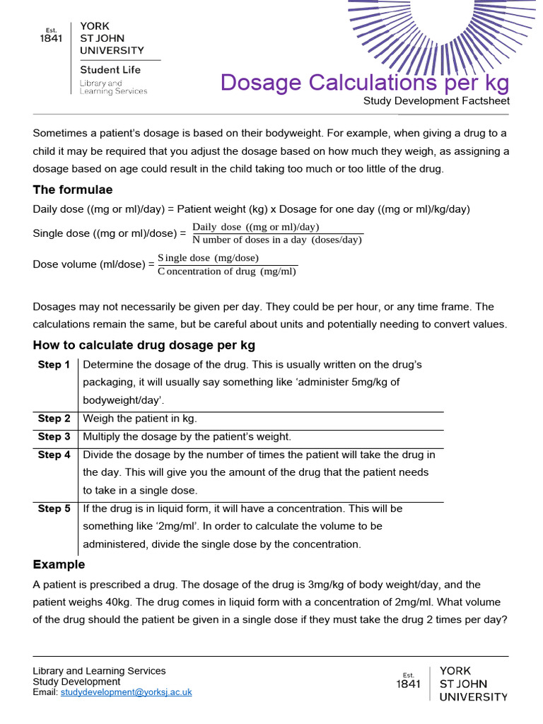 Dosage Calculations Per KG Factsheet | PDF | Dose (Biochemistry ...