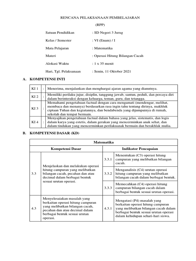 RPP MODEL PBL MAPEL MATEMATIKA Penilaian Pengawas 2 | PDF | Komputer