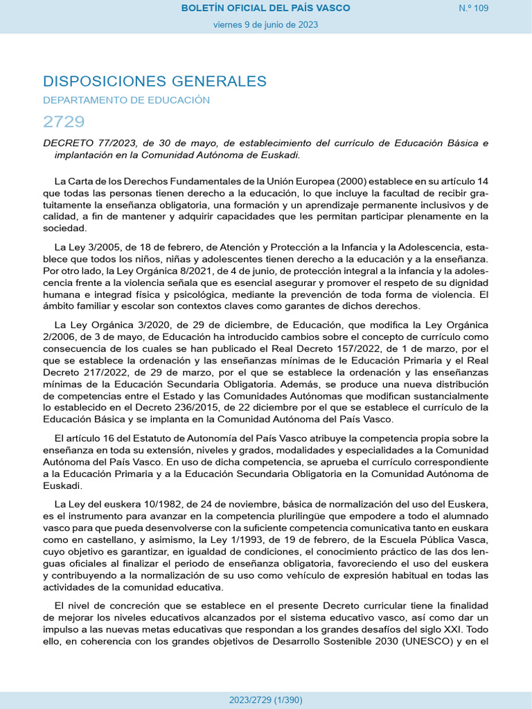 Decreto 77:2023 | Descargar gratis PDF | Educación primaria | Plan de estudios