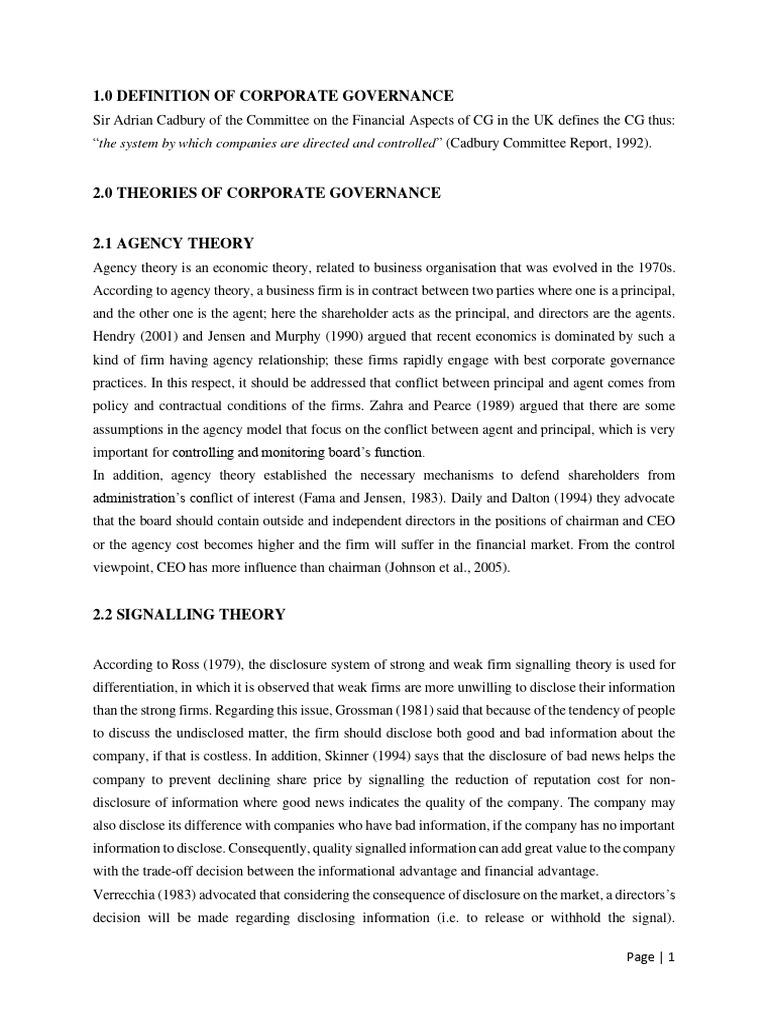 Definition of Corporate Governance | PDF | Corporate Governance ...