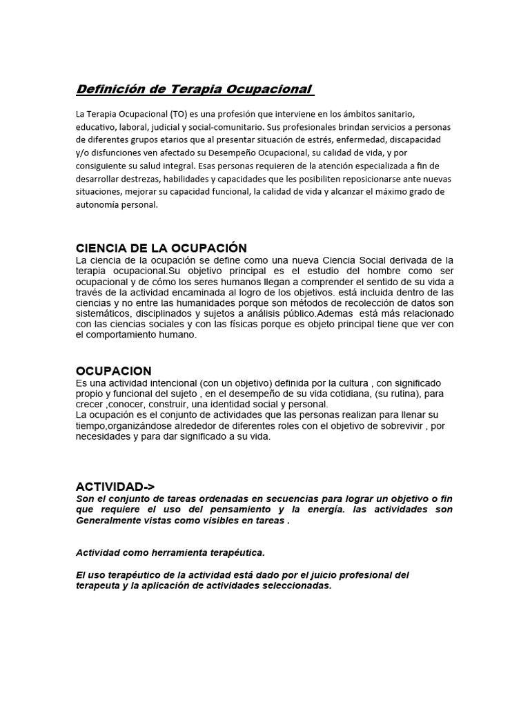 Definición y Proceso de Terapia Ocupacional | PDF | Terapia ocupacional ...