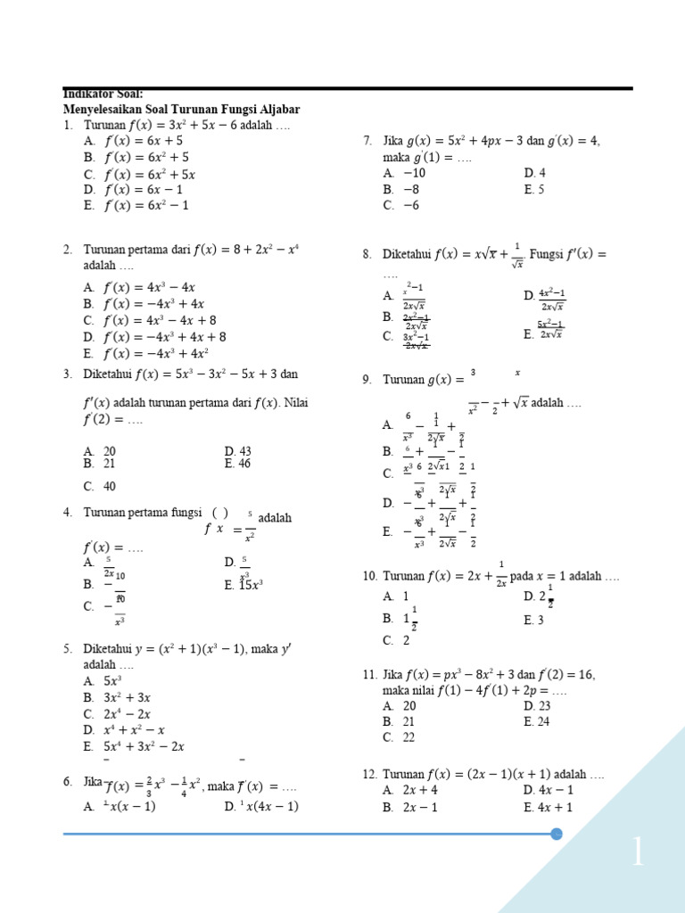 Soal Turunan Fungsi Aljabar | PDF
