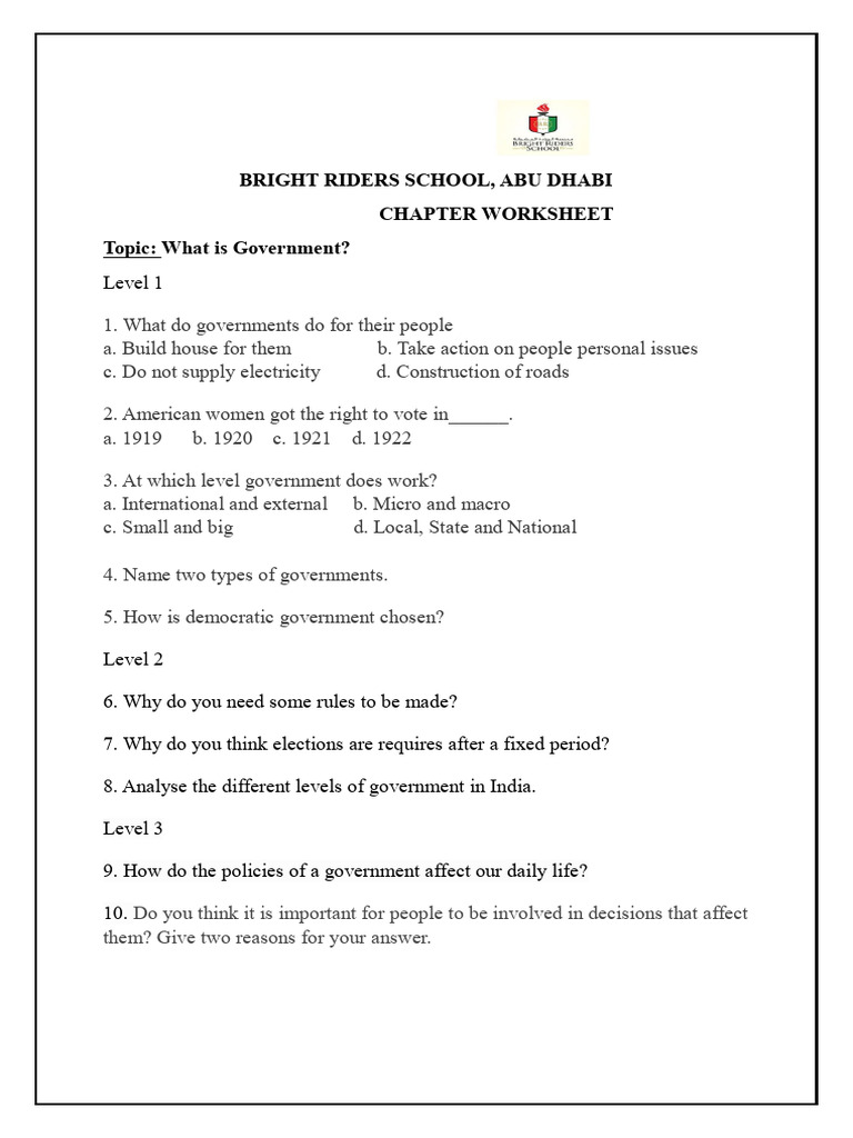 Chapter Worksheet - What Is Government | PDF