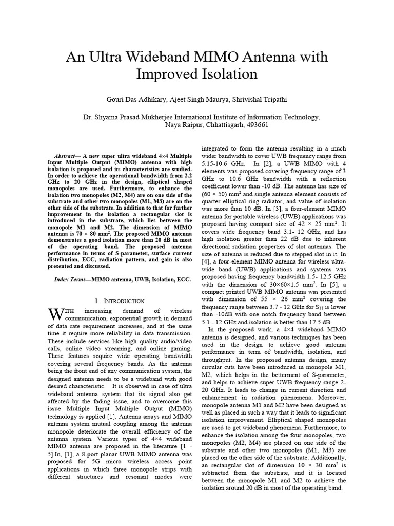 An Ultra Wideband MIMO Antenna With Improved Isolation | PDF | Antenna (Radio) | Ultra Wideband