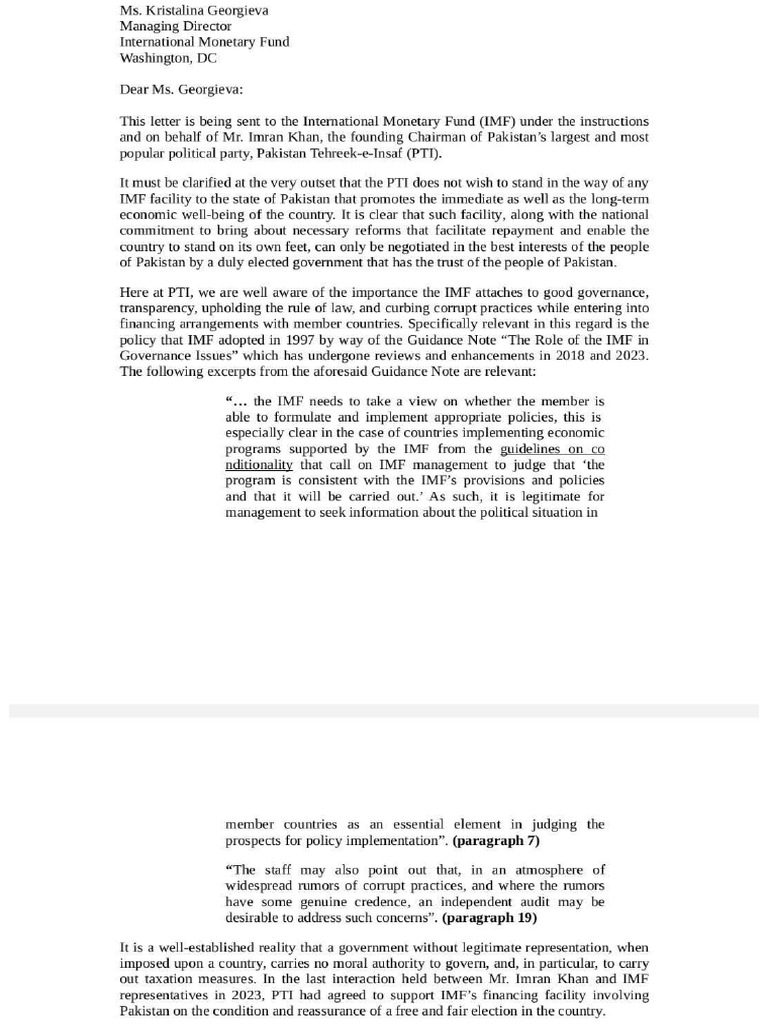 PTI Letter To IMF Loan Talks | PDF