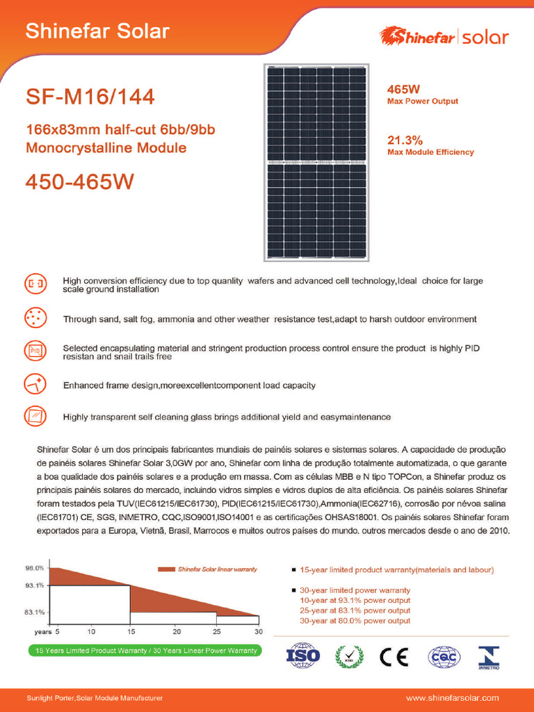 Datasheet - Módulo Shinefar 450-465W | PDF