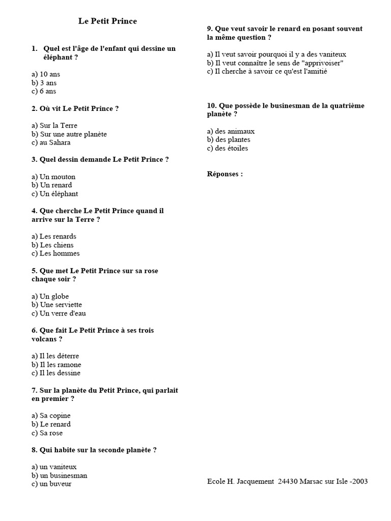 Questionnaire sur Le Petit Prince | PDF