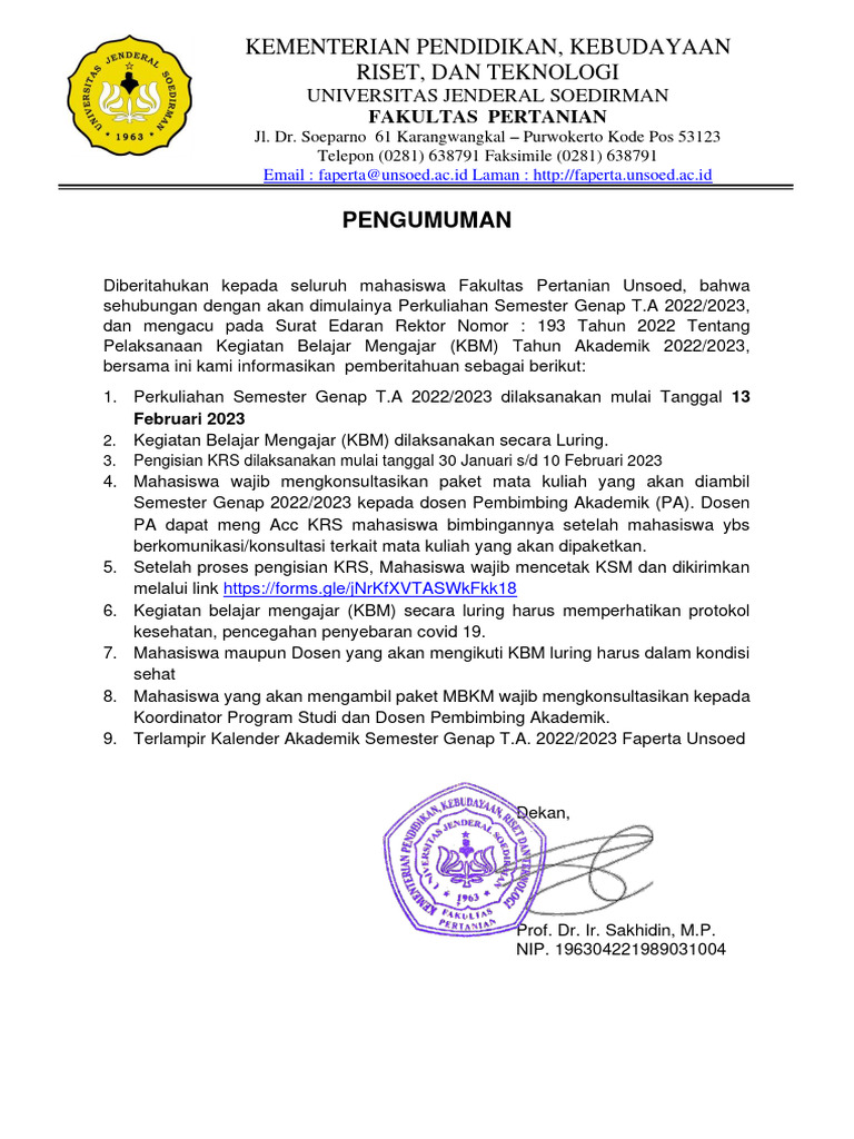 Pemberitahuan kpd Mahasiswa_Kuliah Genap 2022_2023 | PDF