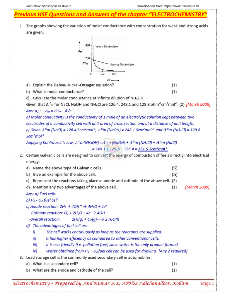 Hsslive Xi Chem Pyq Ans 2. Eletrochemistry | PDF | Electrochemistry | Electrode