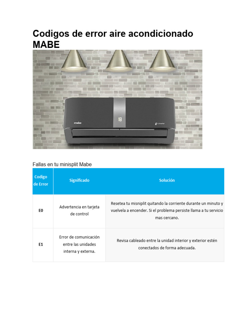 Codigos de Error Aire Acondicionado MABE | PDF | Aire acondicionado | Calor