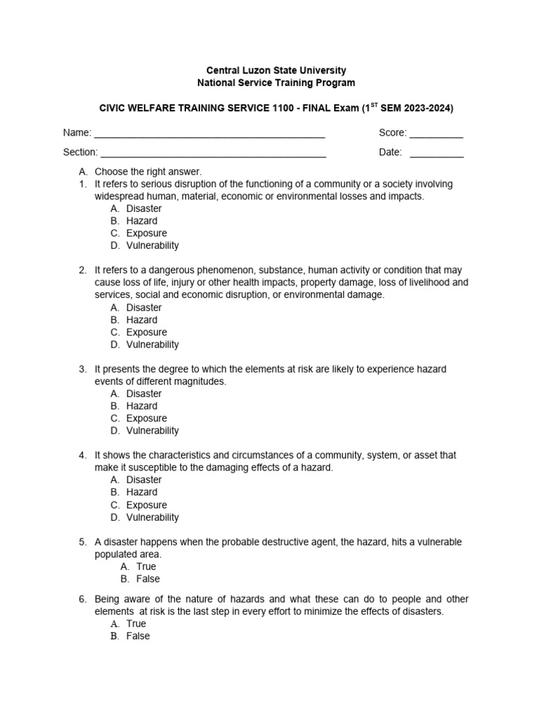 Cwts Final Examination in NSTP 1100 | PDF | Entrepreneurship | Hazards