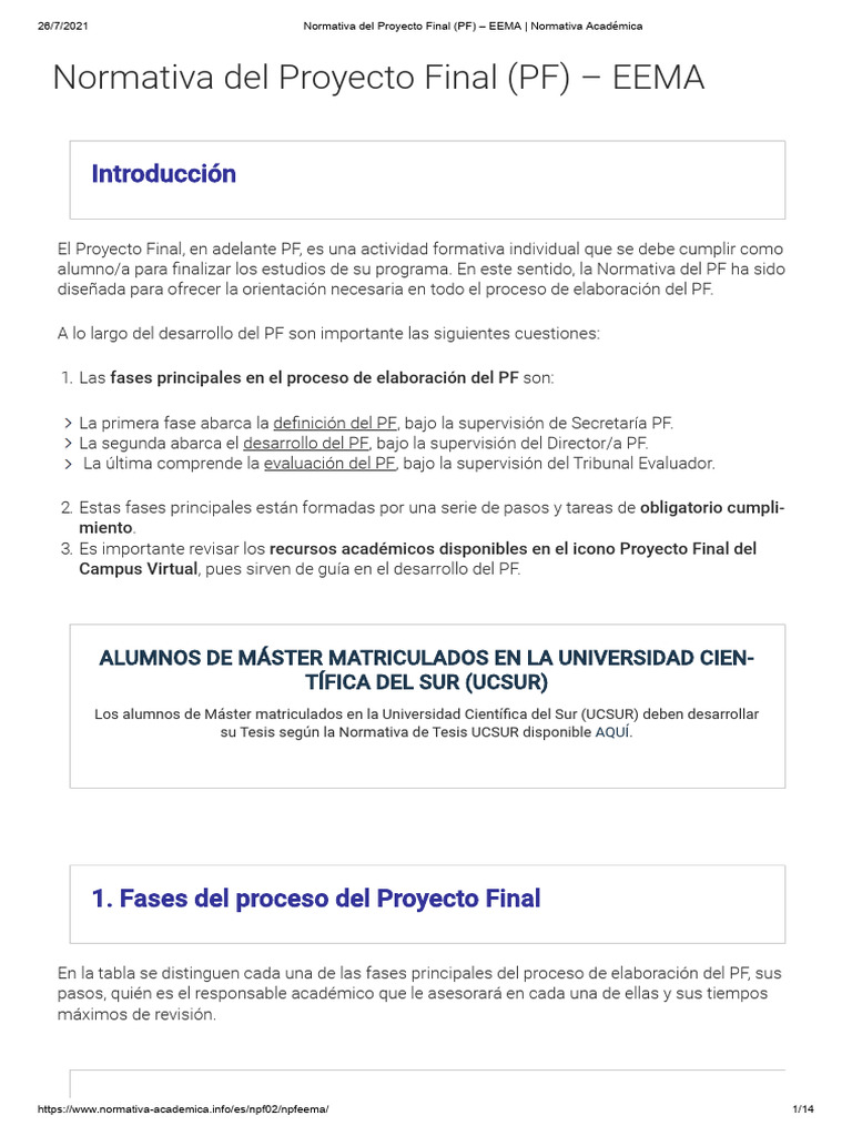 Normativa Del Proyecto Final (PF) - EEMA - Normativa Académica | PDF | Evaluación | Citación